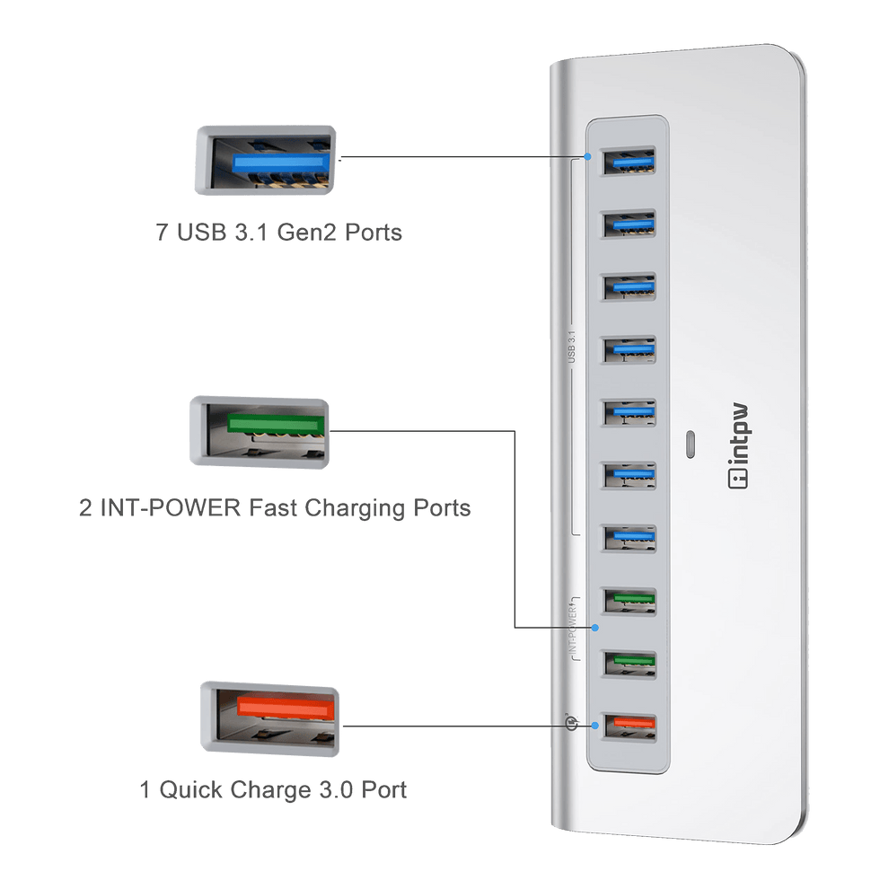 intpw YH6S Powered USB Hub (10-in-1) - USB 3.1 10Gbps Adapter